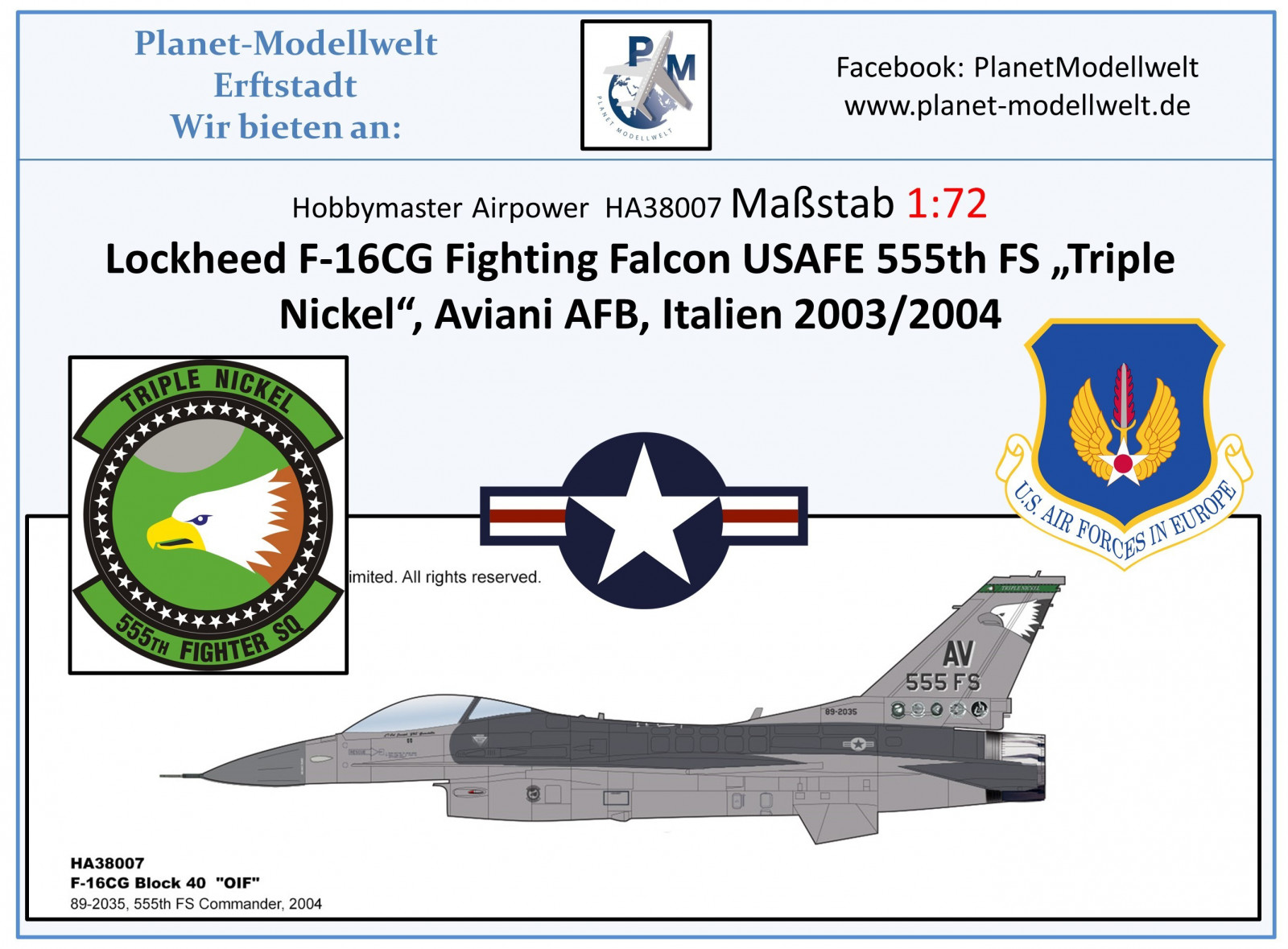 !A HA38007 F-16CG USAF 555th FS "triple Nickel" Aviano... nur 89.90 EUR